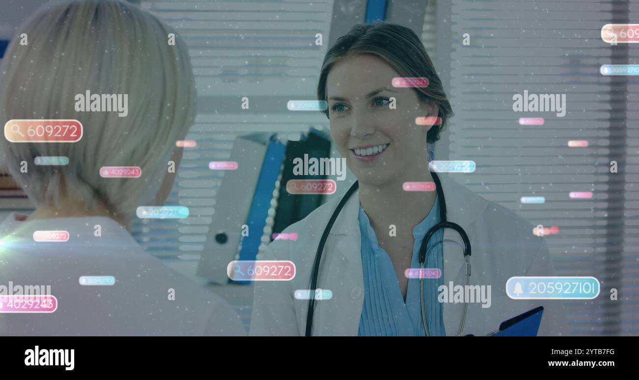 Medical data image over doctors discussing patient information in ...