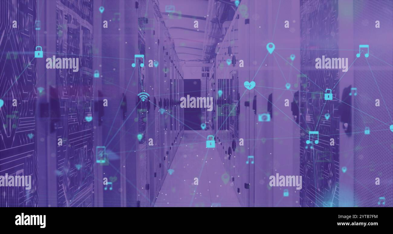 Digital icons and network connections image over data center servers ...