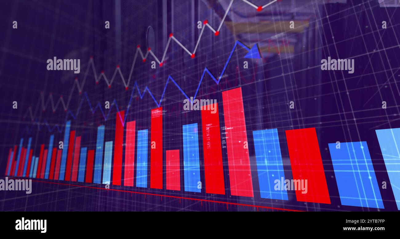 Bar and line graph image over industrial warehouse background. Data ...