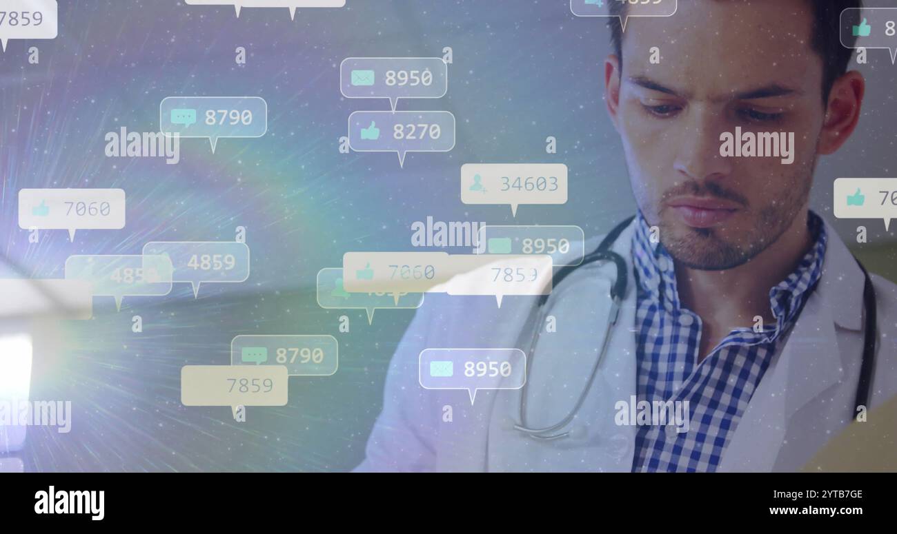 Social media notifications image over doctor using tablet. Technology ...