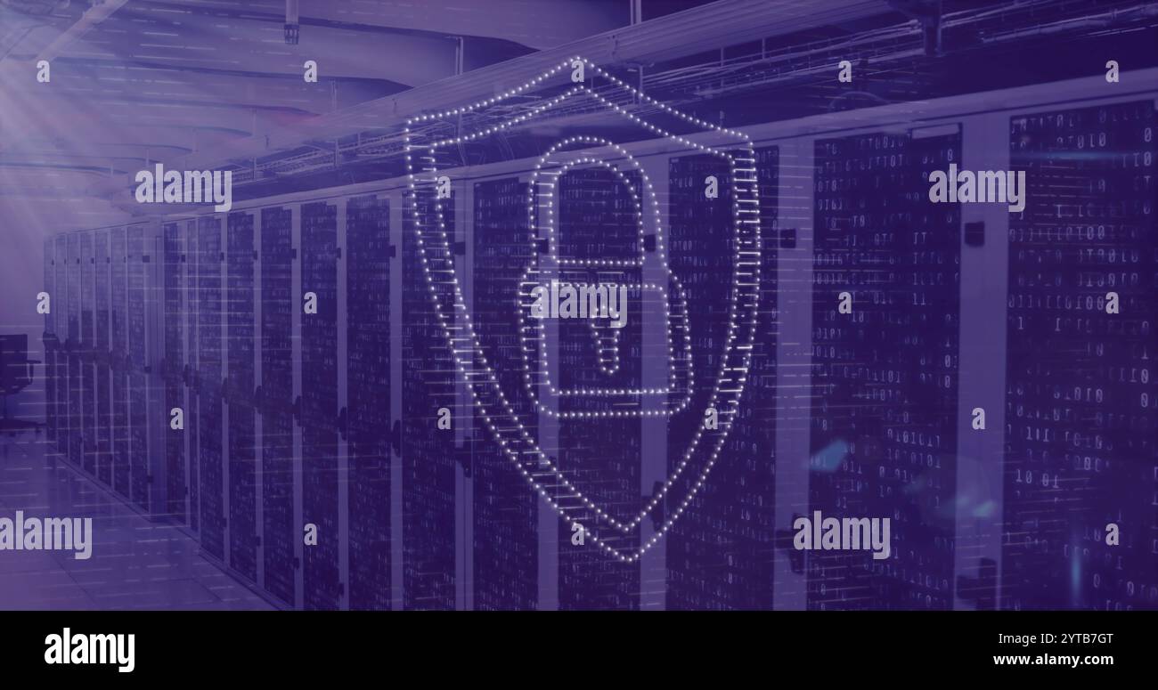 Digital security shield image over server racks in data center Stock Photo - Alamy