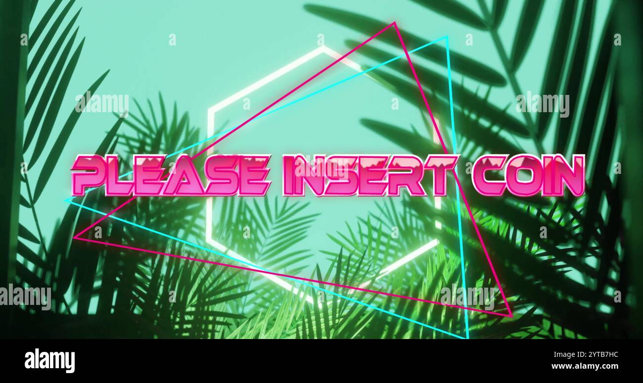 Image of please insert coin text over neon pattern background. Global ...