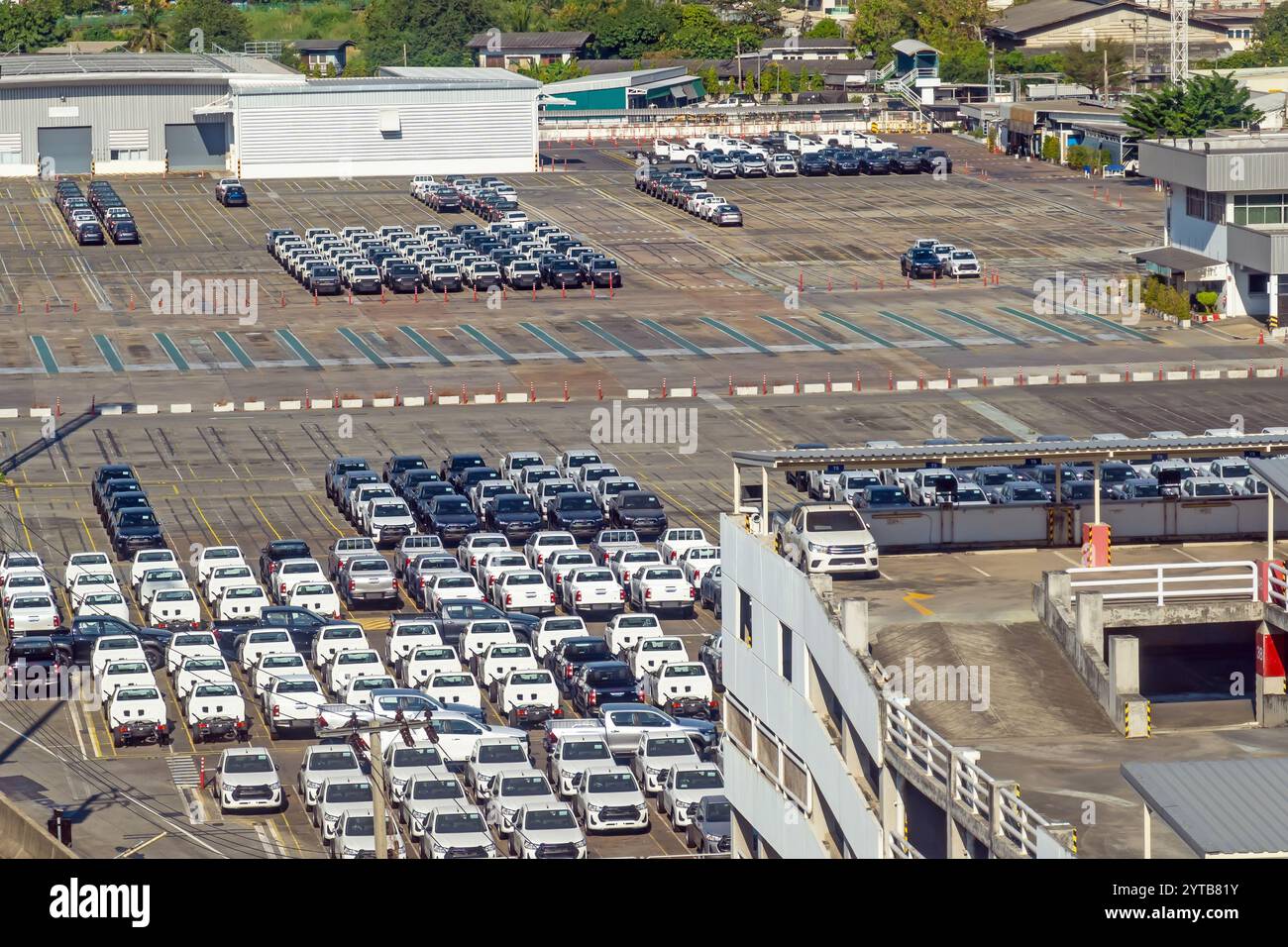 Aerial view new car lined up in the port for import and export business ...