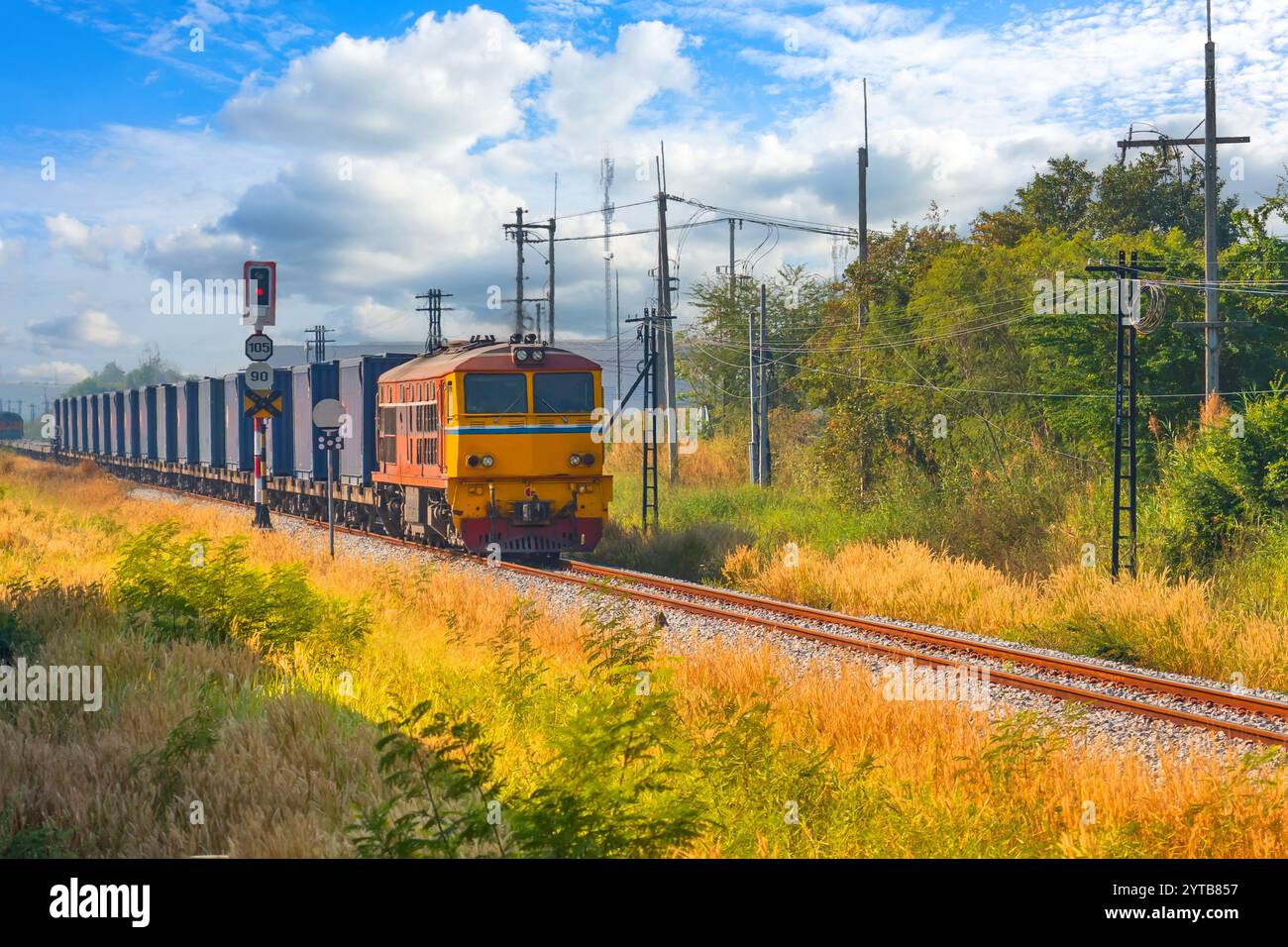 Freight train wagons container locomotive travels along the railway ...