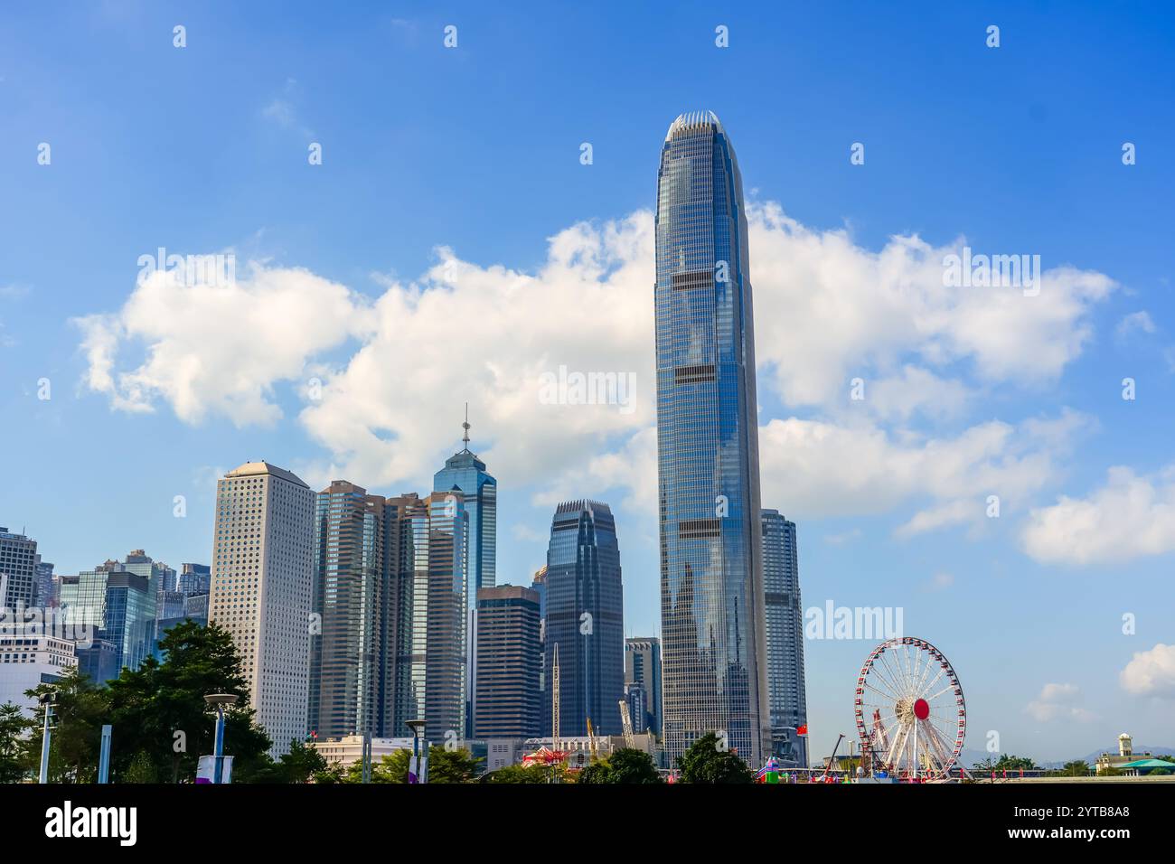 City urban view of tall glass skyscrapers in the financial district ...