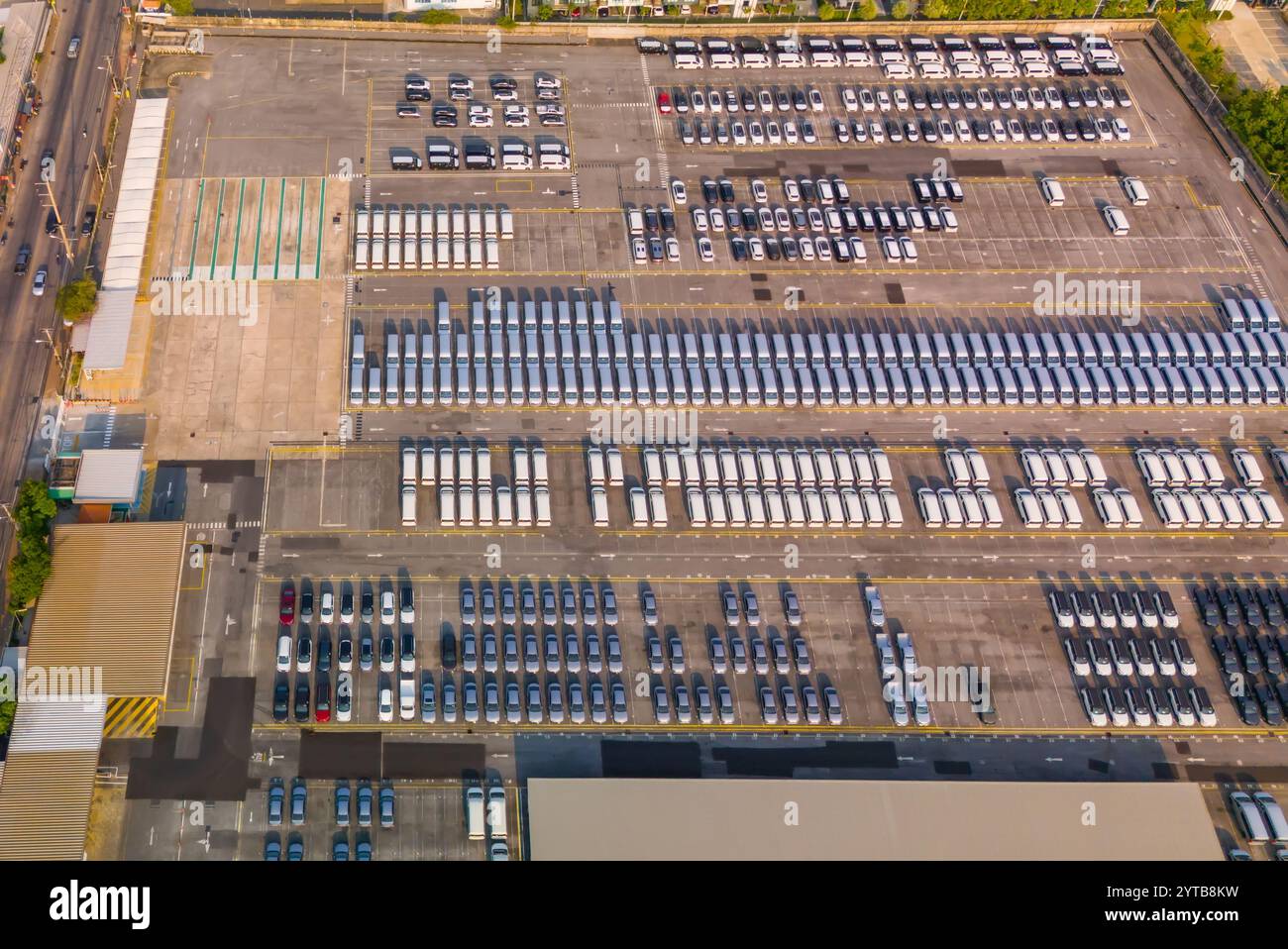 Aerial view new car lined up in the port for import and export business ...
