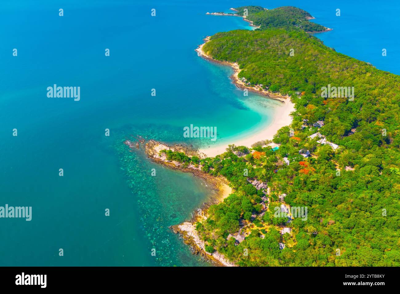 Beach with beautiful coastline. Tropical bay surrounded by coral reefs ...