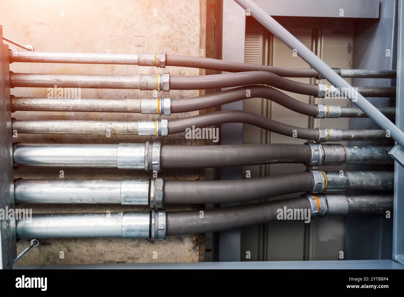 Industrial Piping on a Building's Ceiling, Overhead view of a complex ...