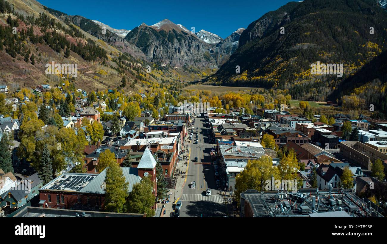 OCTOBER 14, 2023 - TELLURIDE COLORADO, USA - aerial view of Main Street ...
