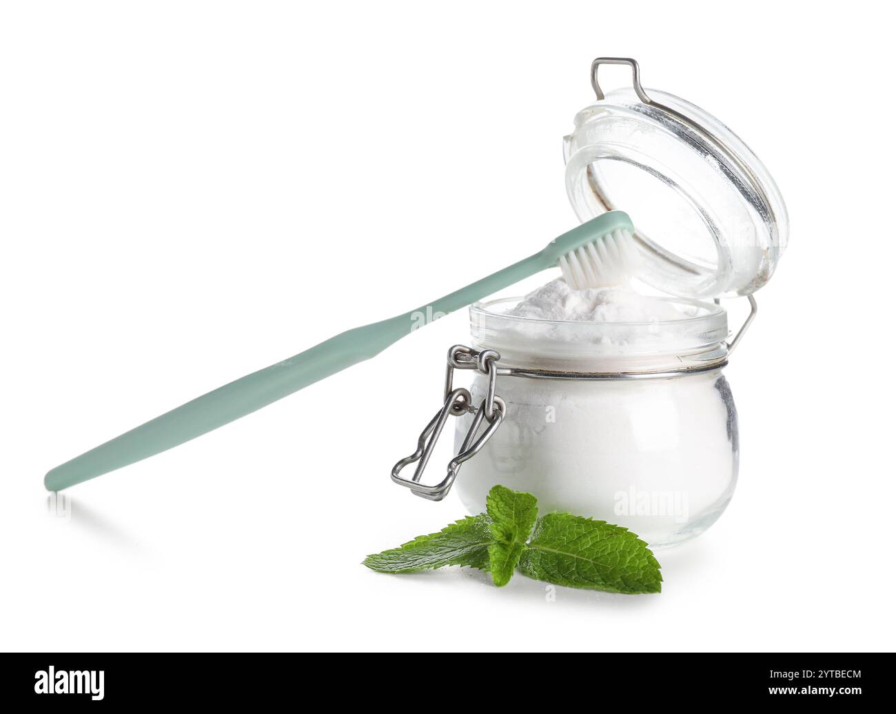 Jar of tooth powder with mint leaf and brush on white background Stock ...