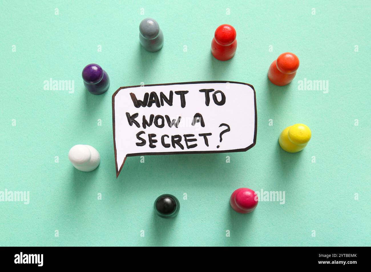 Speech bubble with question WANT TO KNOW A SECRET? and figures on green ...
