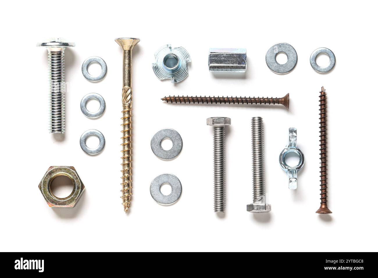 Different tap bolts, screws and chrome nuts isolated on white ...