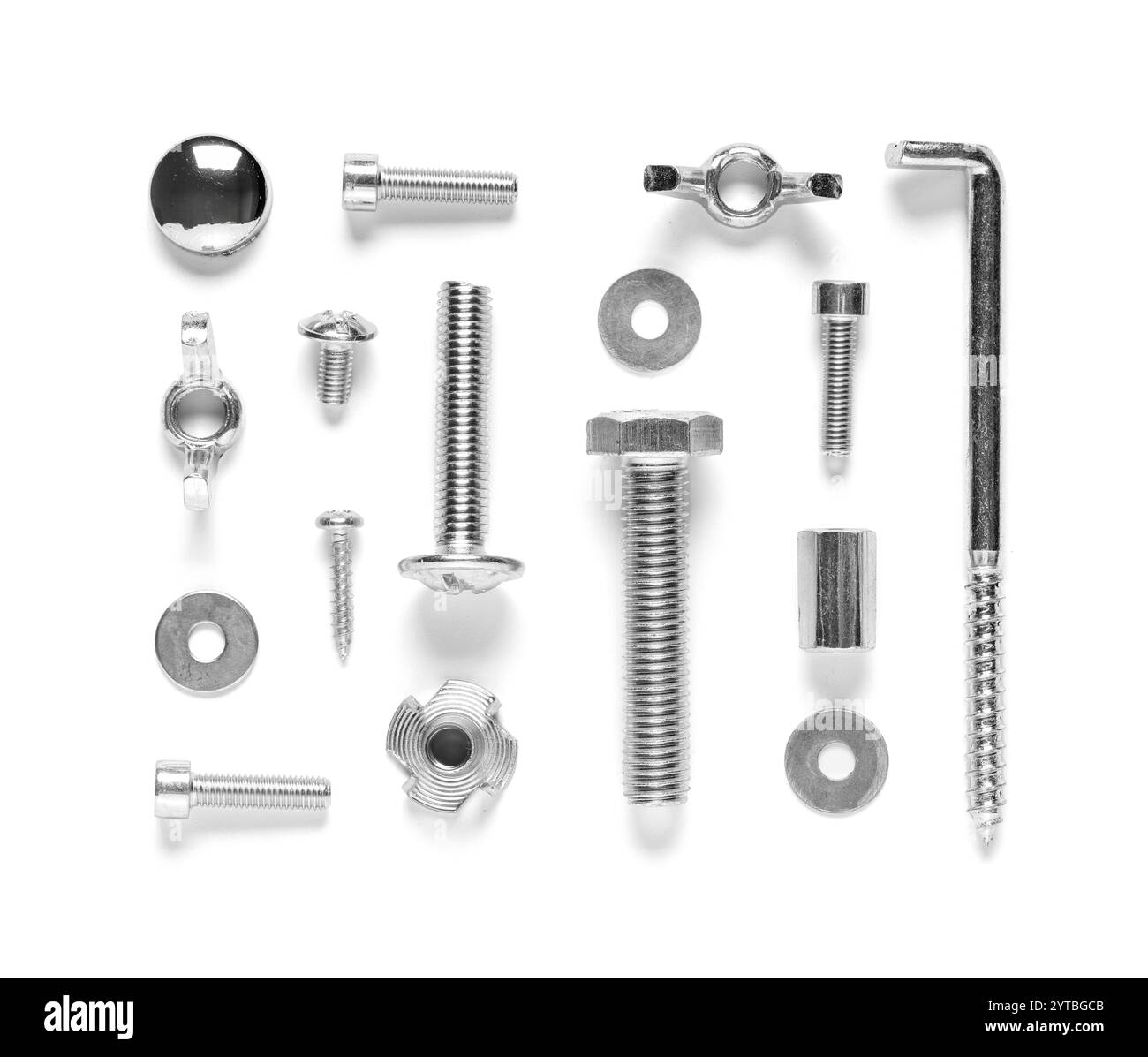 Arrangement of different tap bolts, screws and chrome nuts isolated on ...