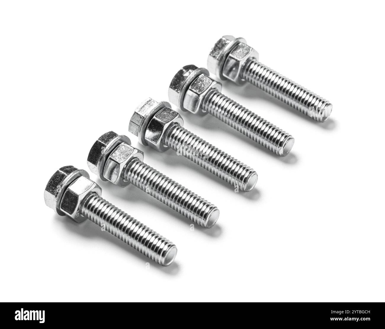 Row of tap bolts with chrome nuts isolated on white background Stock ...