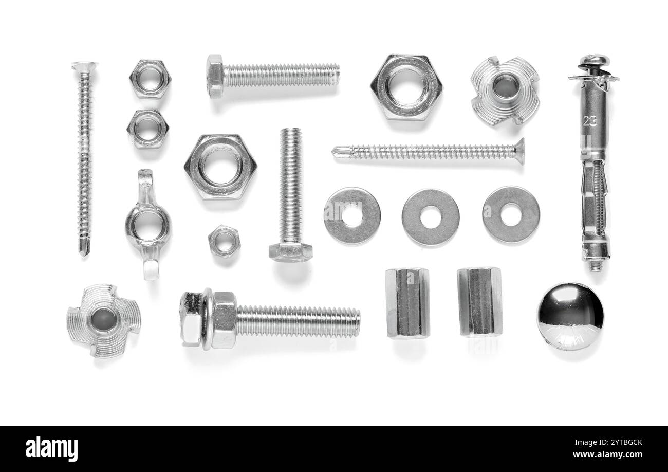 Arrangement of different tap bolts, screws and chrome nuts isolated on ...