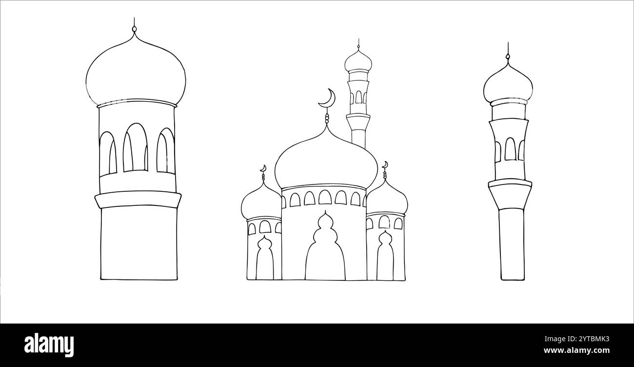 Vector Islamic set with minaret. Graphic illustration mosque, tower ...