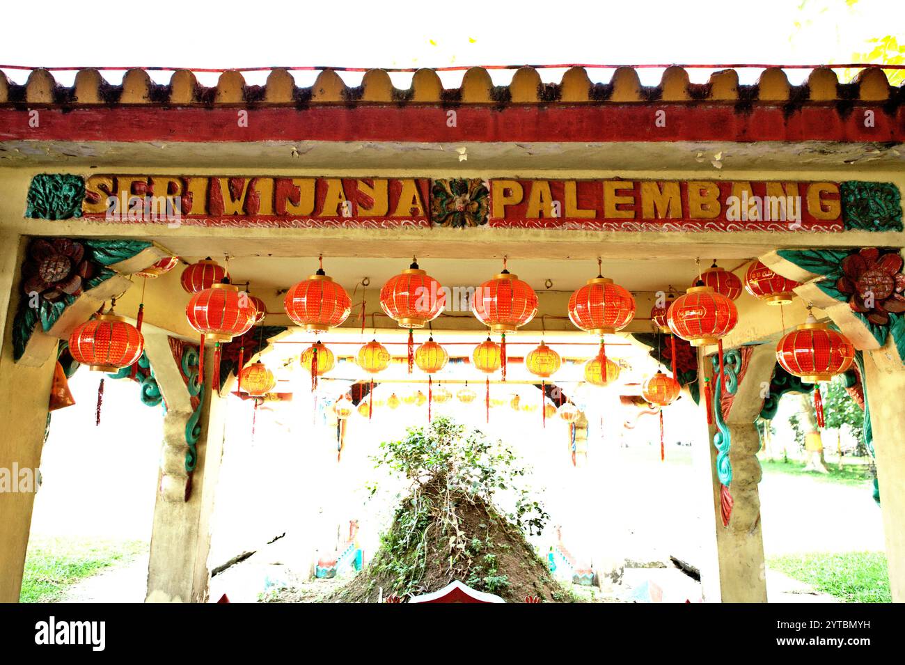 Roof structure with a sign that reads "Seriwijaya (Srivijaya) Palembang ...