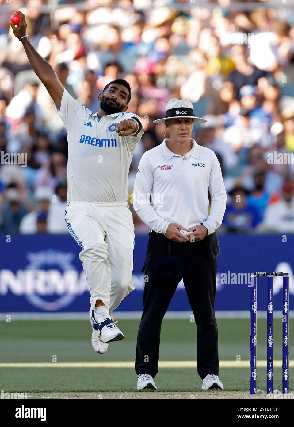 India's Jasprit Bumrah bowls a delivery during the day two of the ...