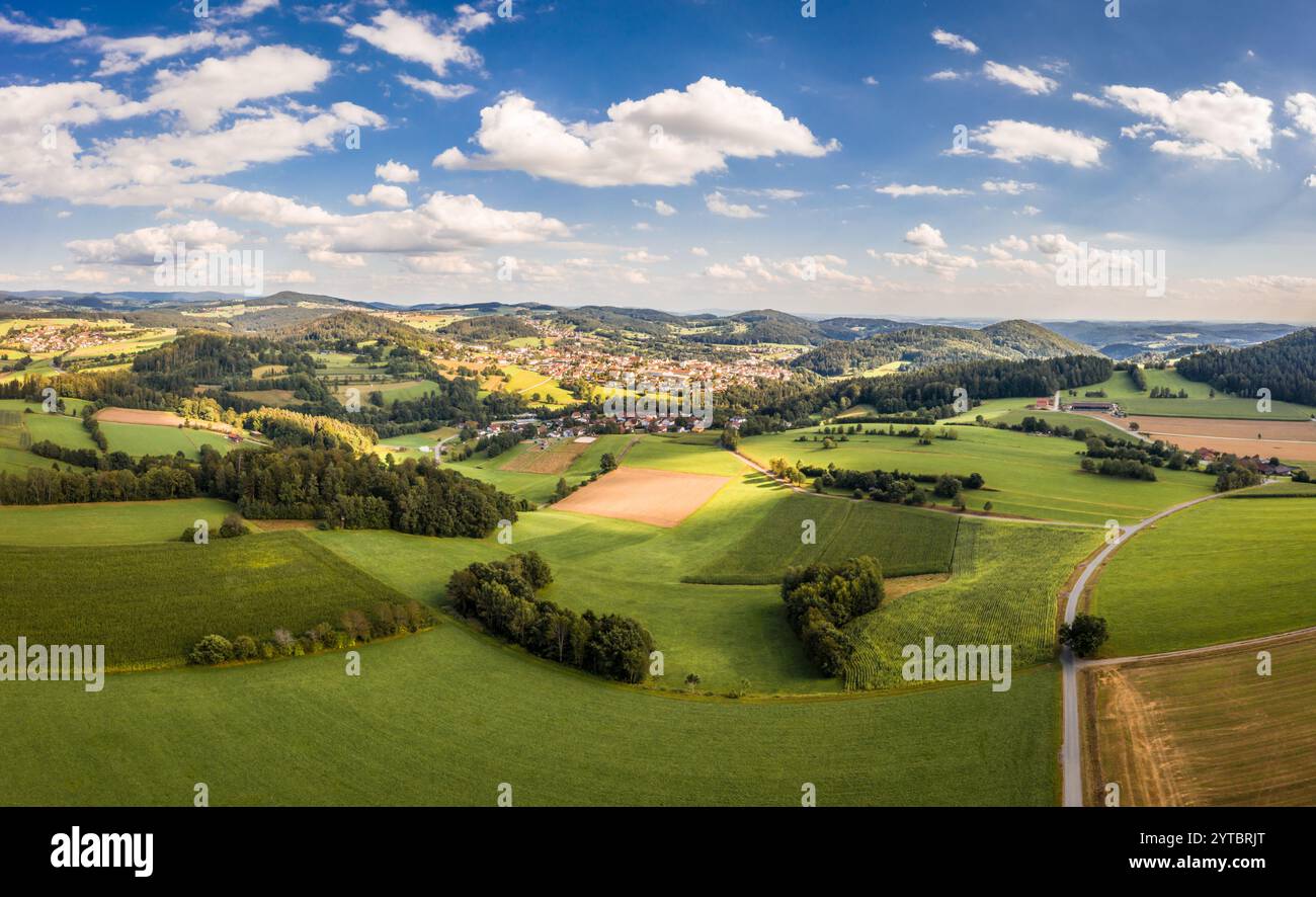 Aerial view of the town of Grafenau in the Bavarian Forest with ...