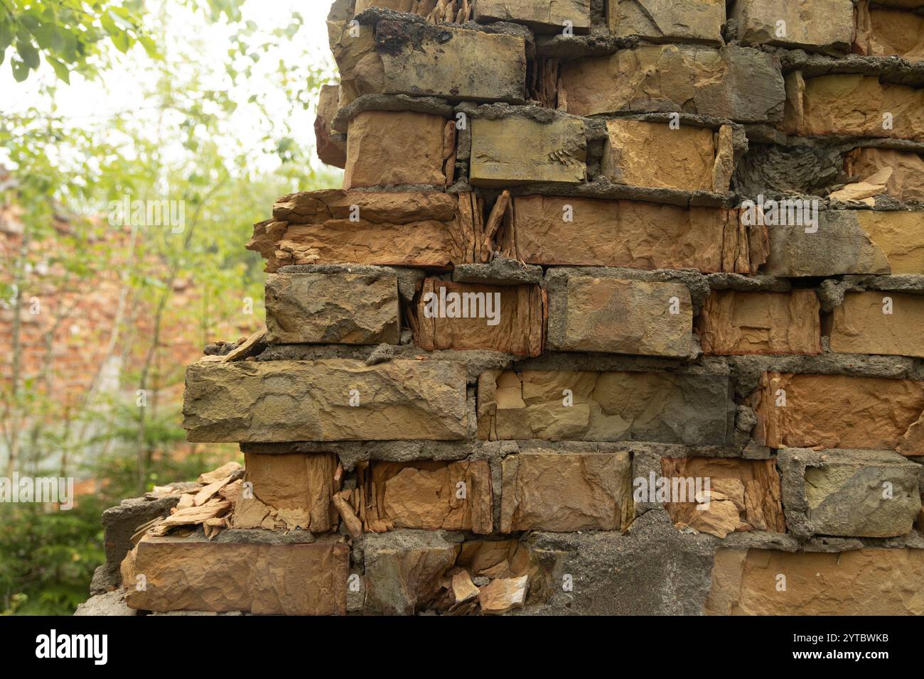 An old, collapsed building of Soviet army base in Latvia, Europe. Red ...