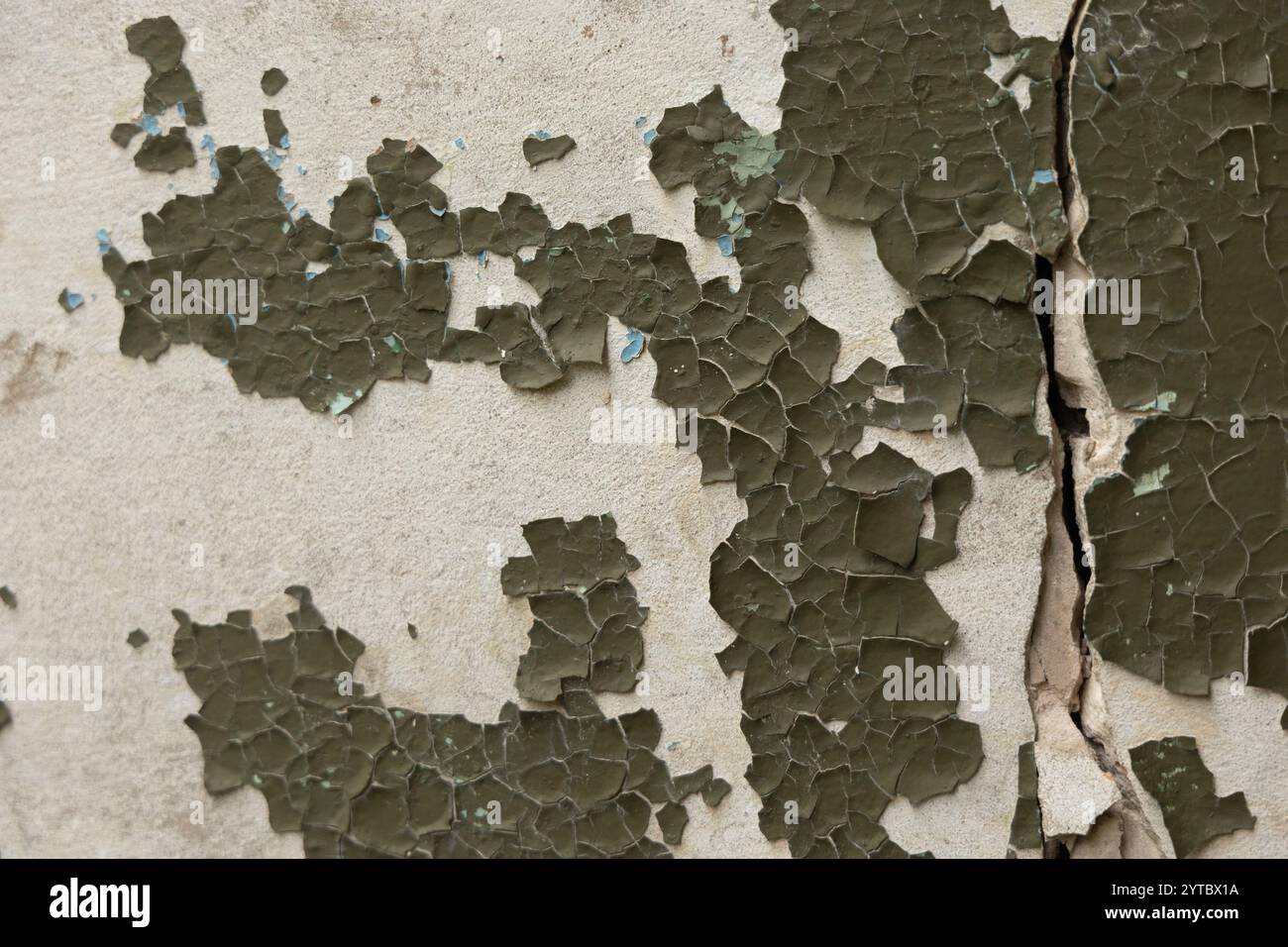 An old, pealed paint on the wall of abandoned building. Cracked paint ...