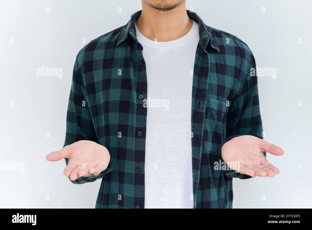 Half cropped body Young Adult men with flannel and white shirt ...