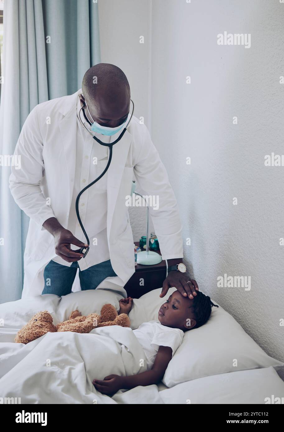 Doctor, black man and fever check for child in home, consultation and ...