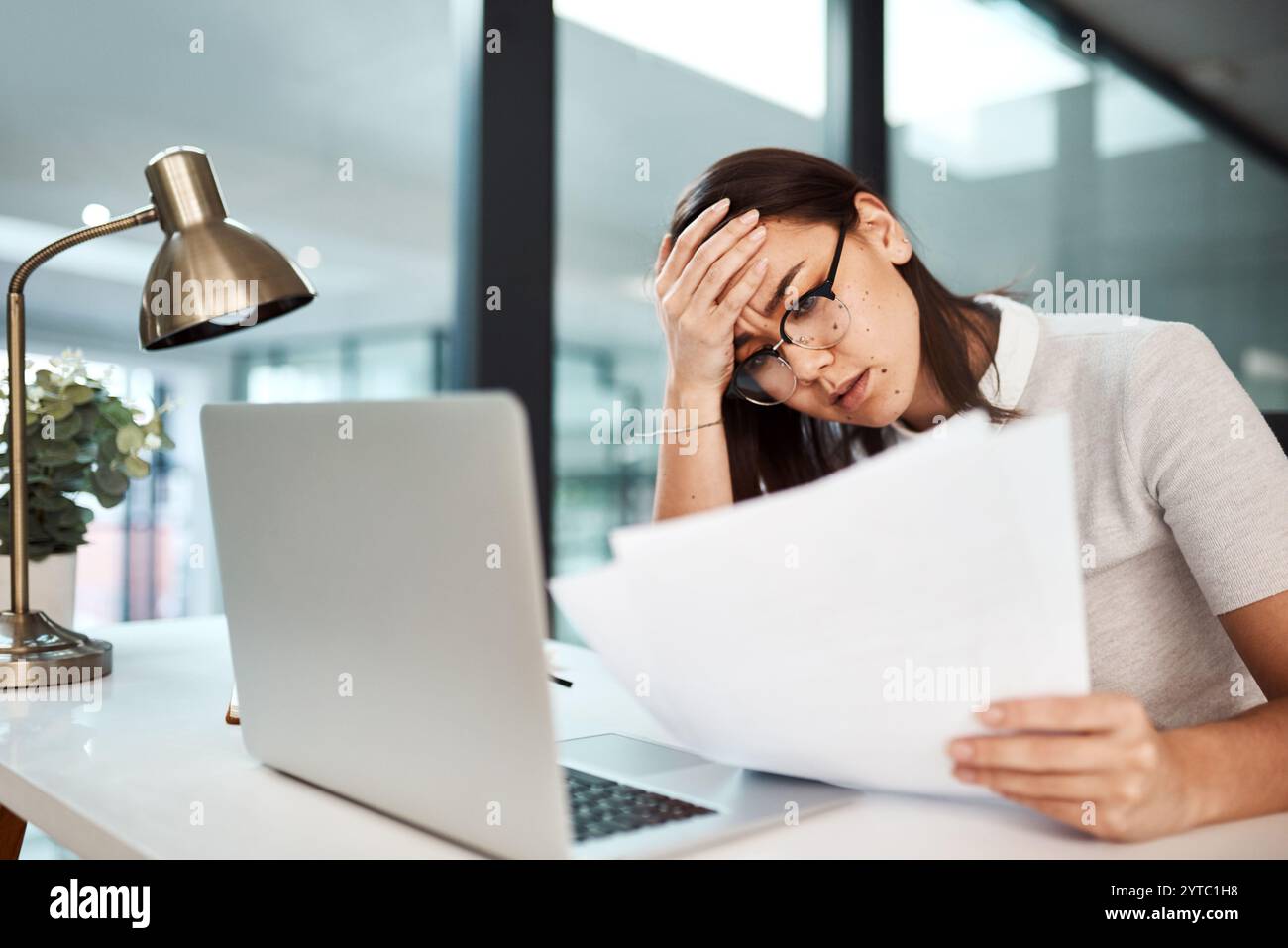 Woman, stress and paperwork error in office, journalist frustrated and ...