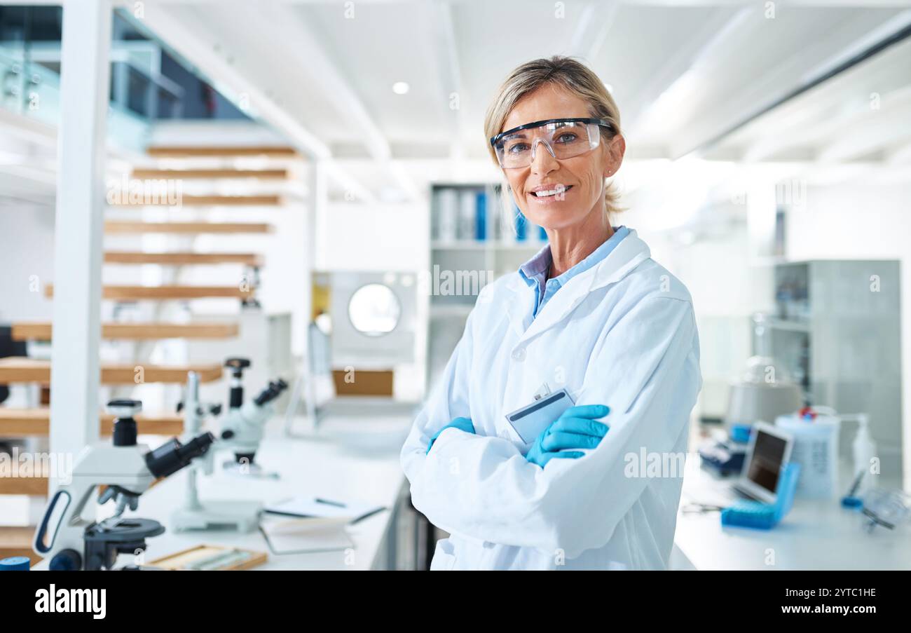 Female person, science lab and ppe in portrait for medical research ...