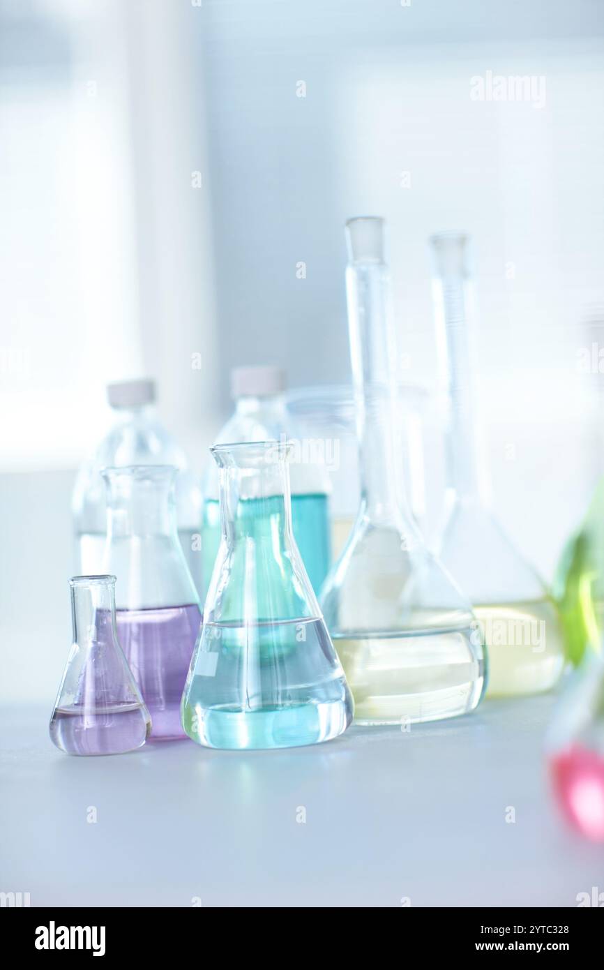 Beakers, science and collection for chemistry at laboratory, toxic ...