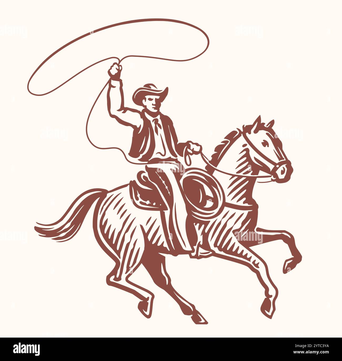 Cowboy riding horse with lasso in his hand, sketch drawing. Ranch ...