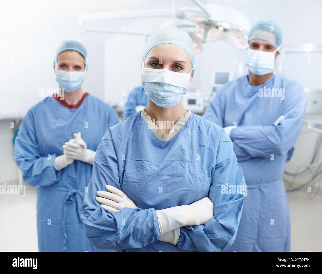 Hospital, doctors and portrait with arms crossed for theater, medical surgery or procedure for ...