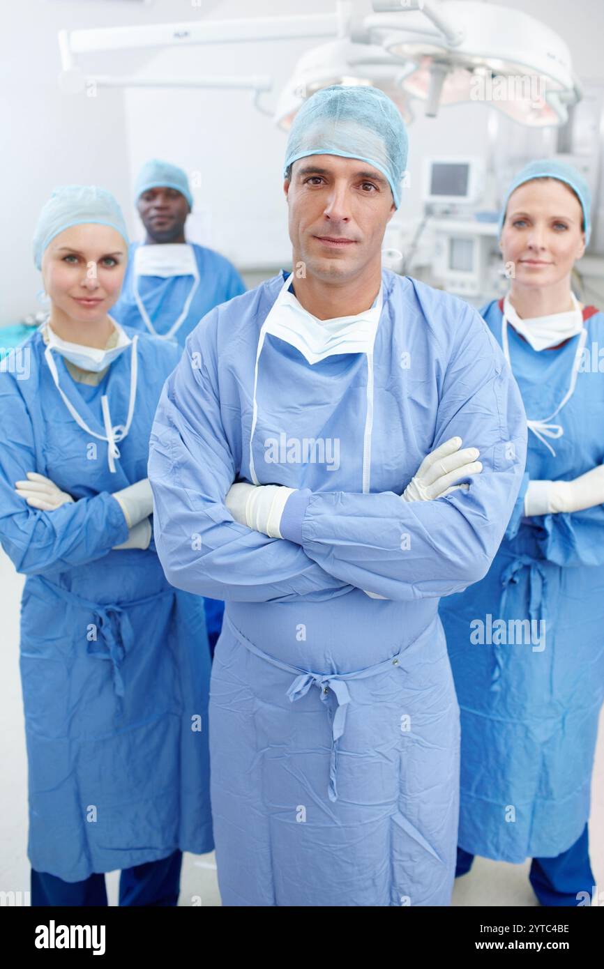 Teamwork, doctors and smile in portrait for theater, medical surgery ...