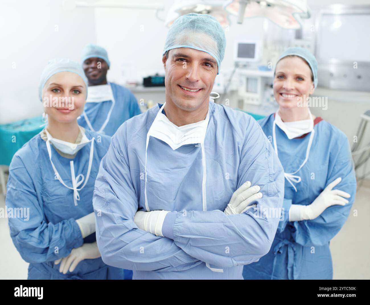 Happy, doctors and teamwork in portrait for theater, medical surgery ...