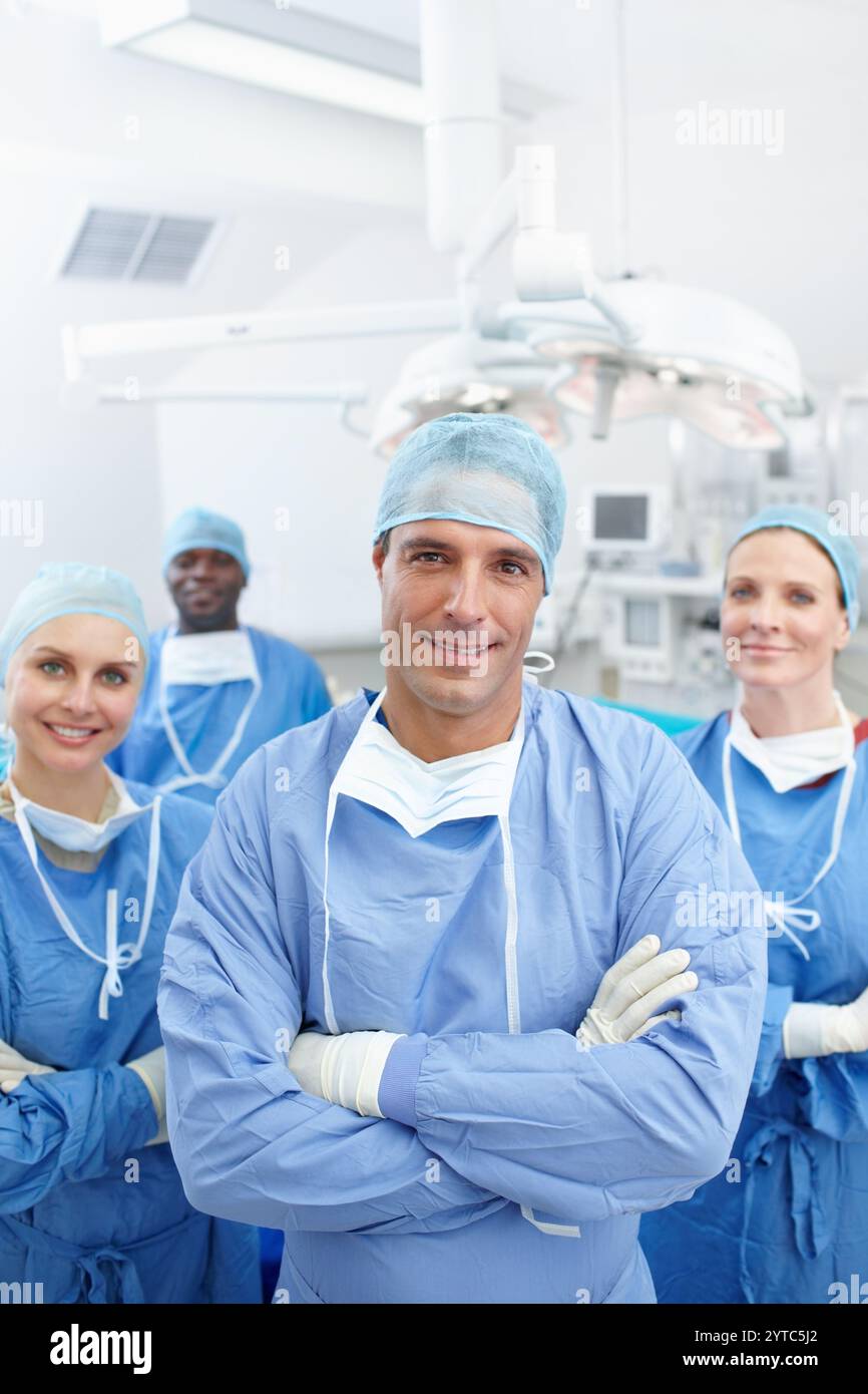 Doctors, teamwork and happy in portrait for theater, medical surgery ...