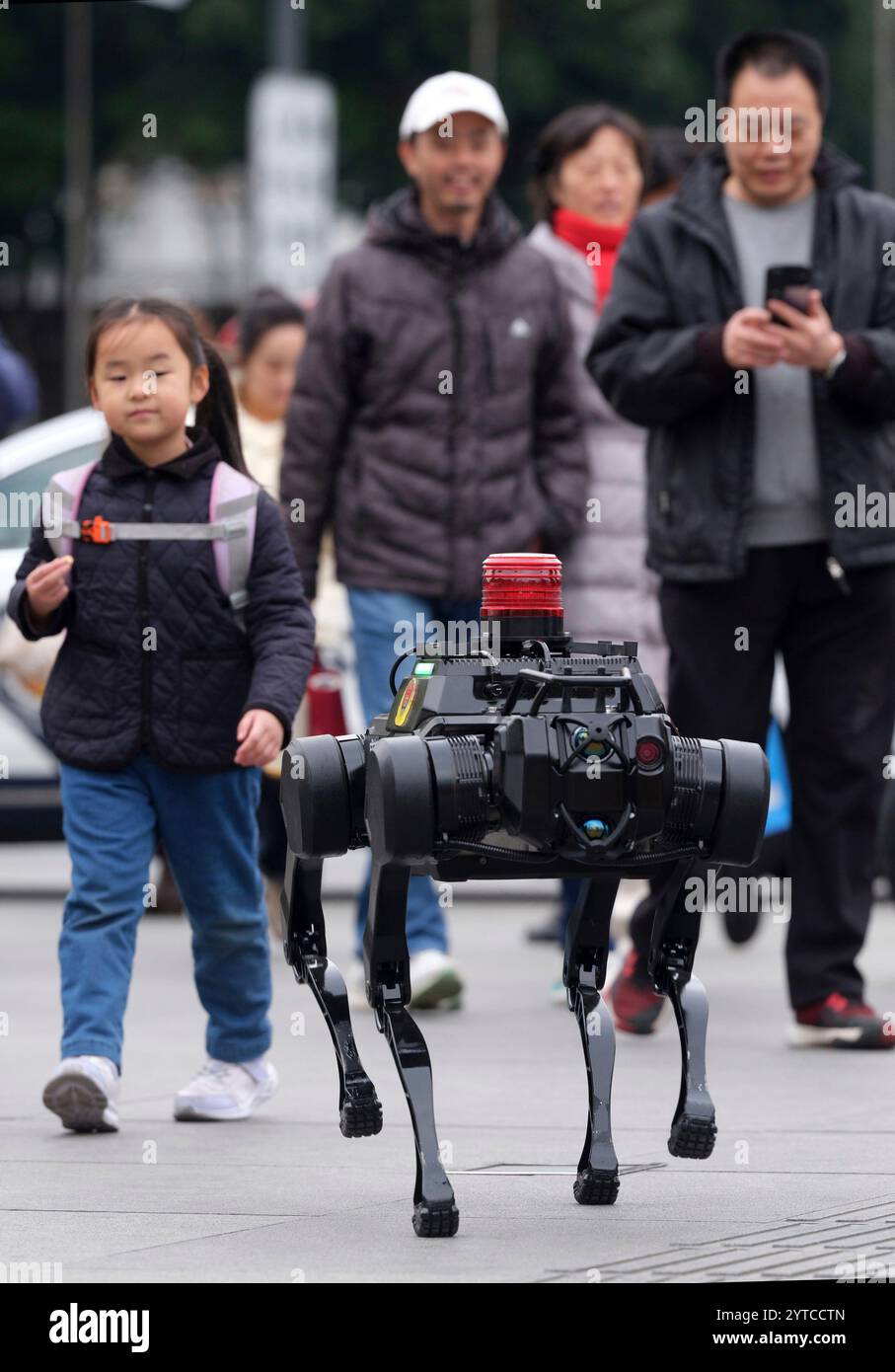 A robotic police dog works in Tianfu Square in Chengdu in southwest ...