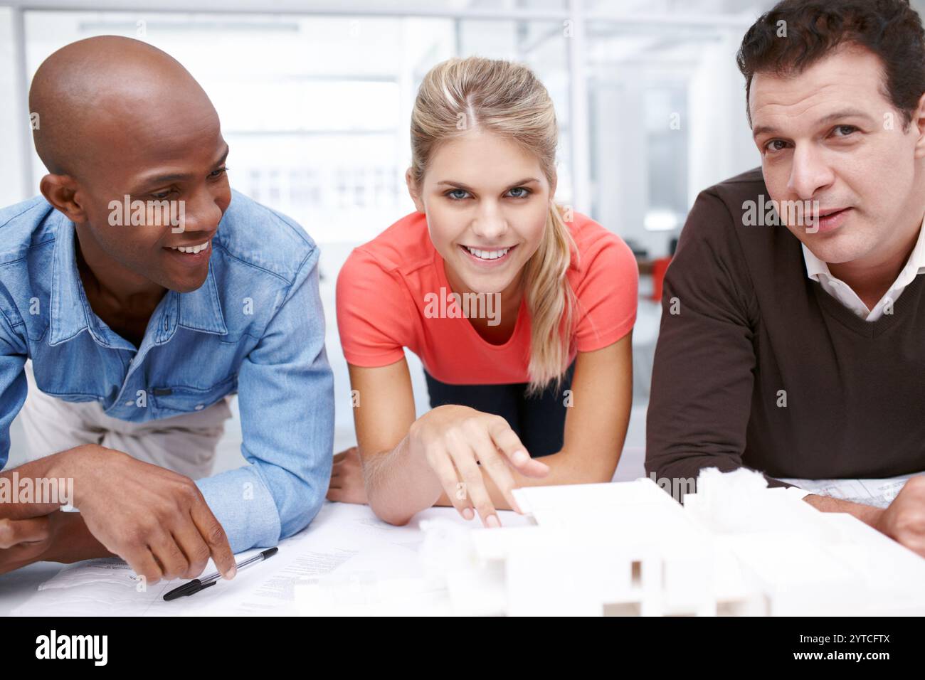 Happy people, interior designers and team with 3D model for building ...