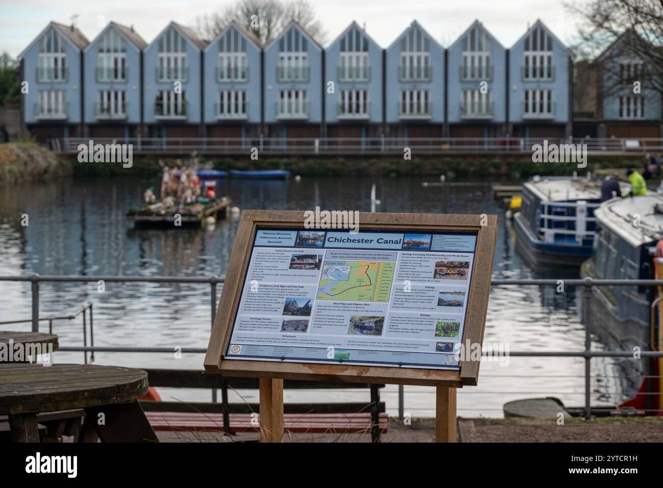 Sign giving information about Chichester canal with barges and ...