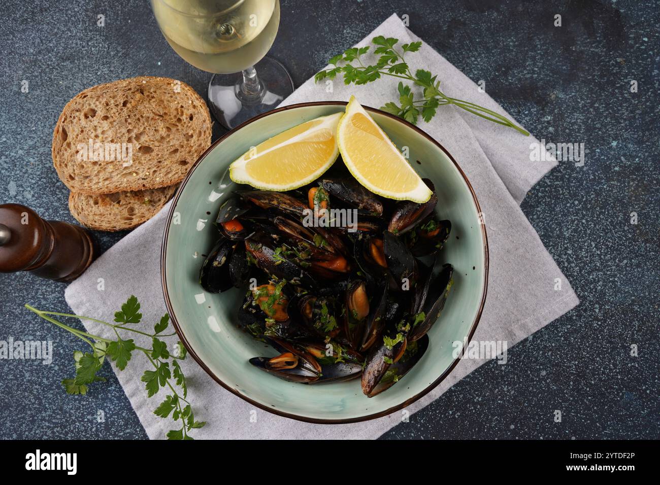 Steamed boiled mussels with lemon. Italian or French traditional food ...