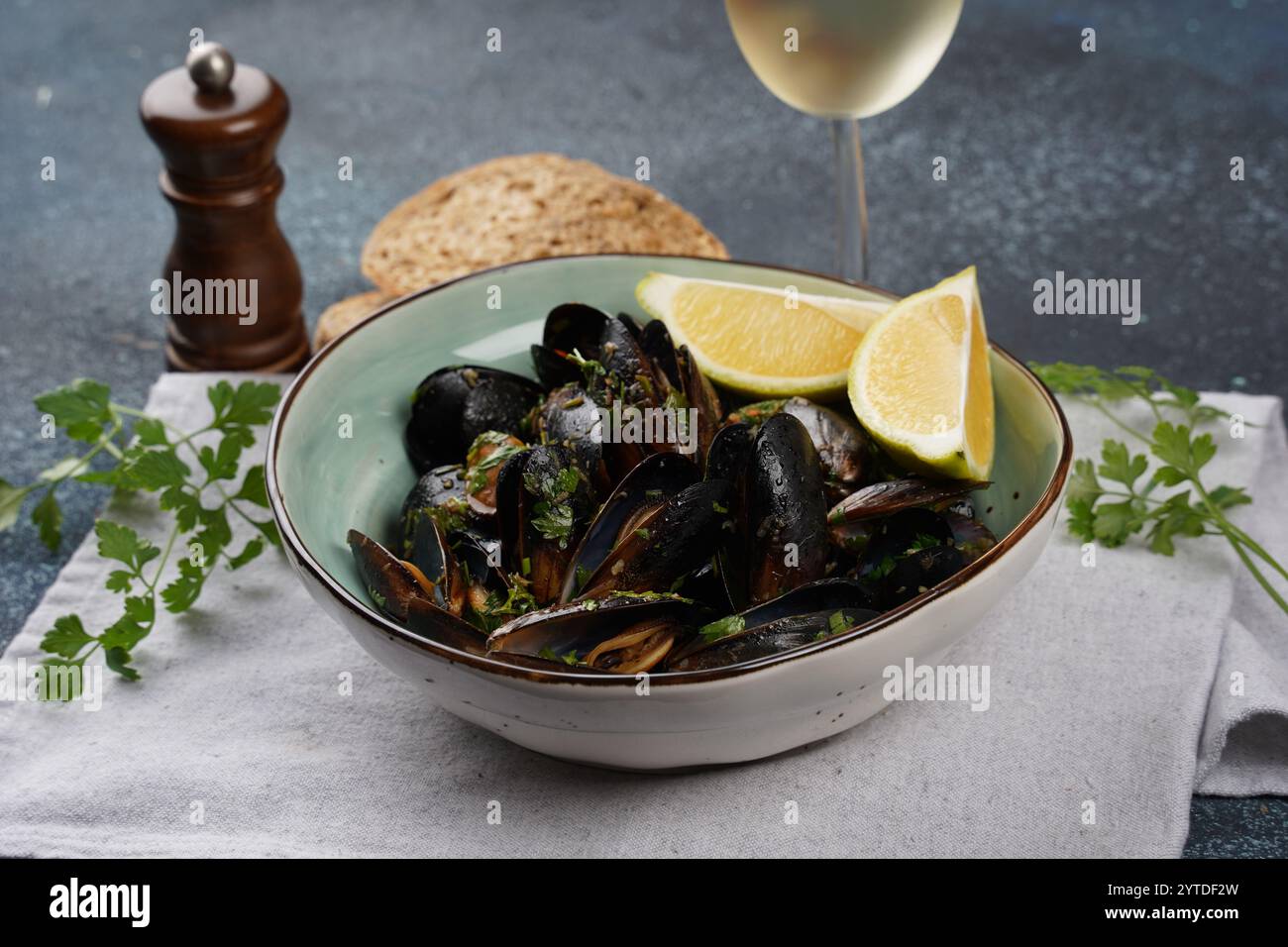 Steamed boiled mussels with lemon. Italian or French traditional food ...