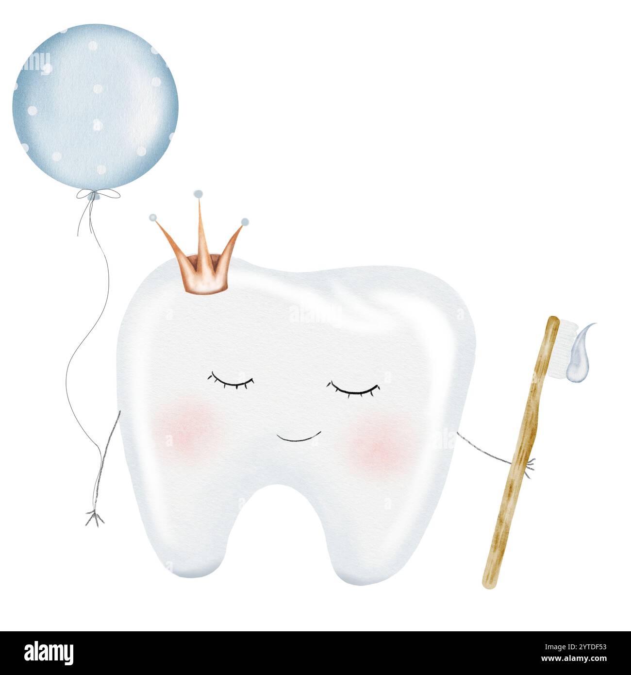 Tooth watercolor. Baby cute cartoon molar with crown, with a toothbrush ...