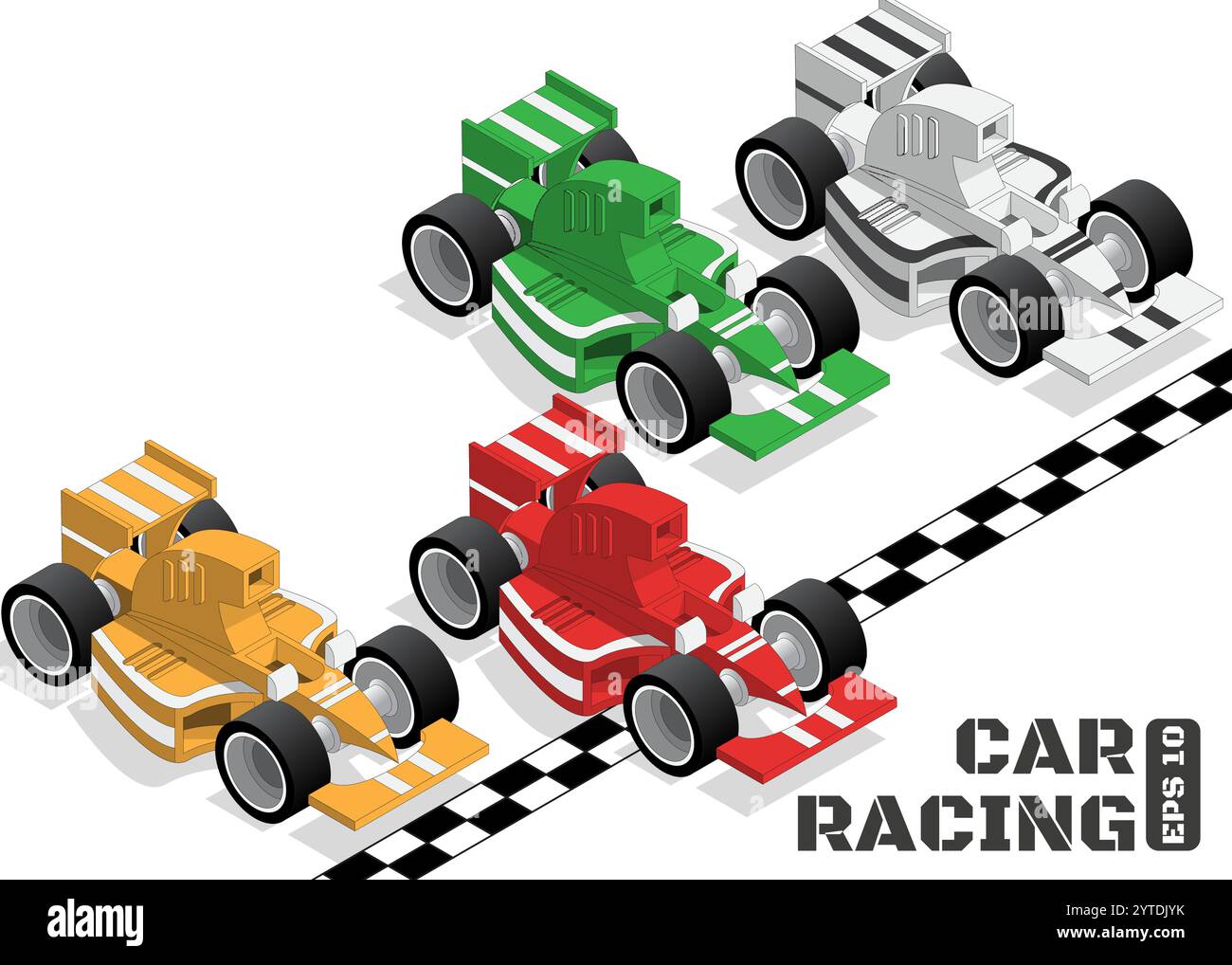 Racing cars at the finish line. Isometric. Isolated on white background ...