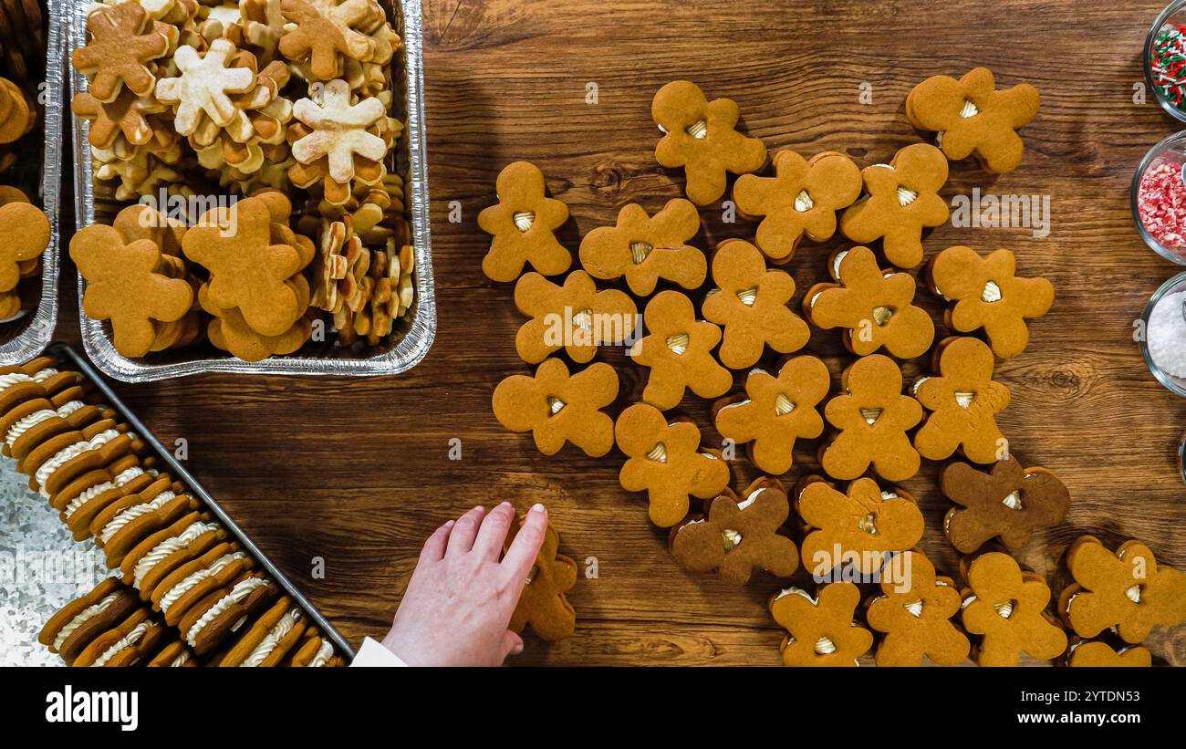 Making Festive Gingerbread Sandwiches on Rustic Wooden Table Stock ...