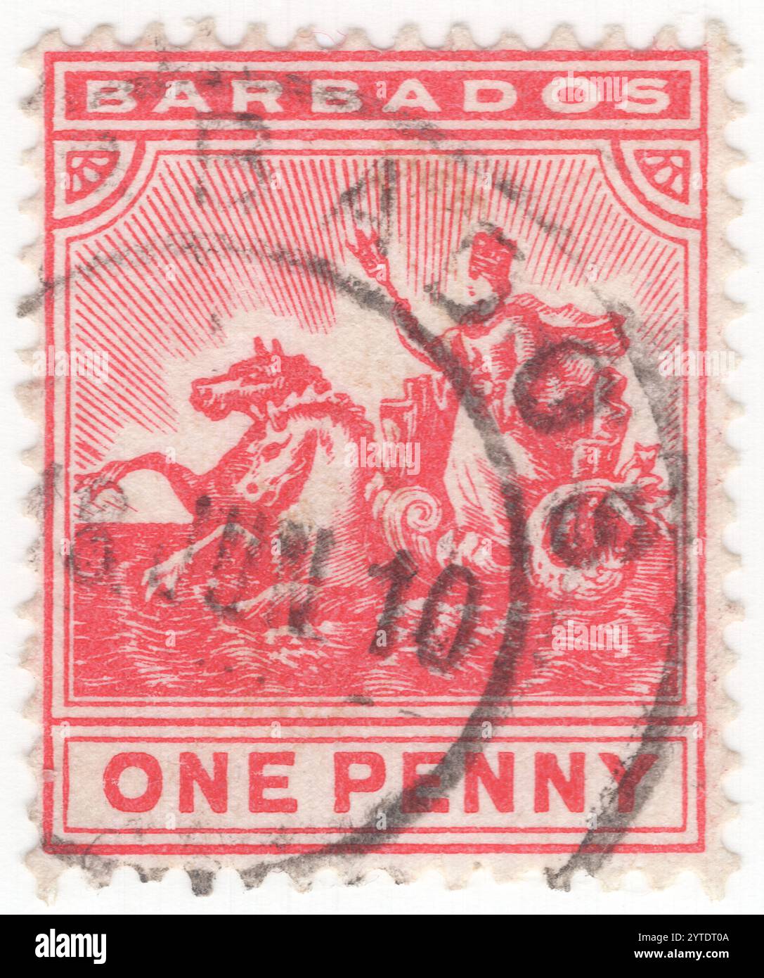 BARBADOS - 1892 July: 1 pence carmine rose postage stamp depicting ...