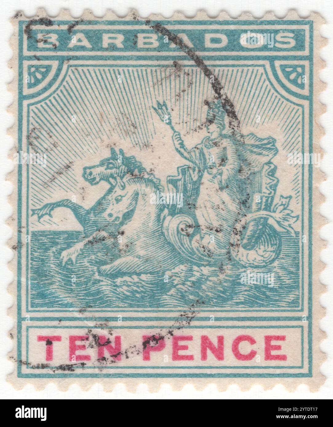 BARBADOS - 1892 July: 10 pence blue-green and carmine postage stamp ...