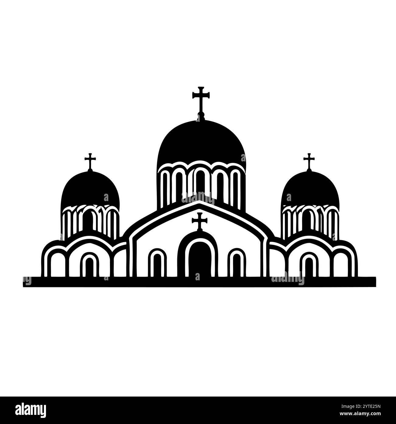 Orthodox church silhouette with domes and crosses in black and white ...