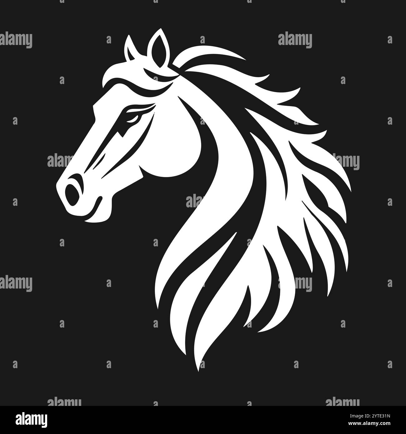 Elegant horse head illustration in black and white with flowing mane ...