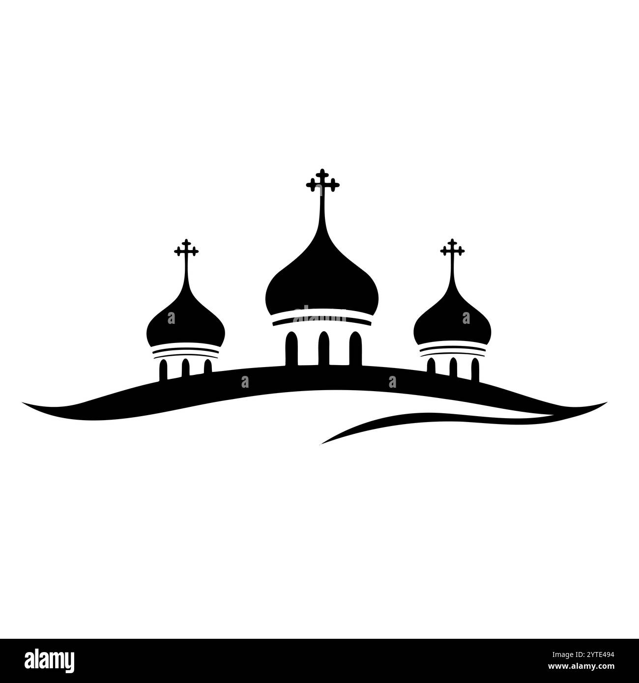 Orthodox church icon with onion domes and crosses on a hill, simple ...