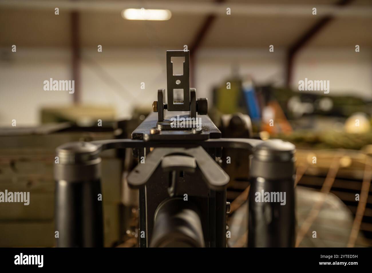 View over the front and rear sight of a Calibre .50 machine gun on the ...