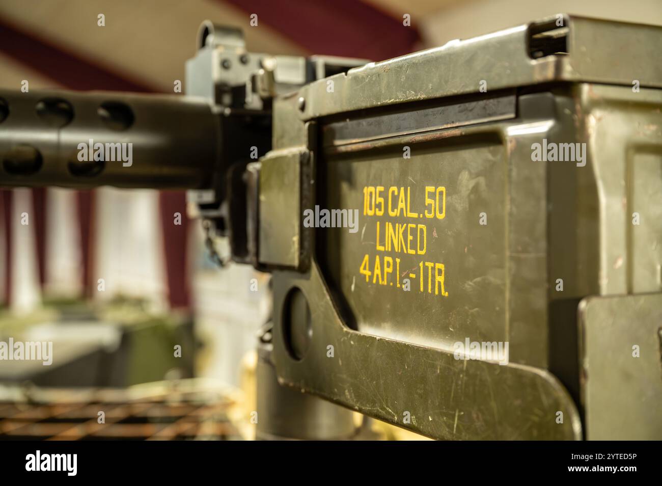 Calibre .50 ammunition box on the machine gun on the turret of a ...